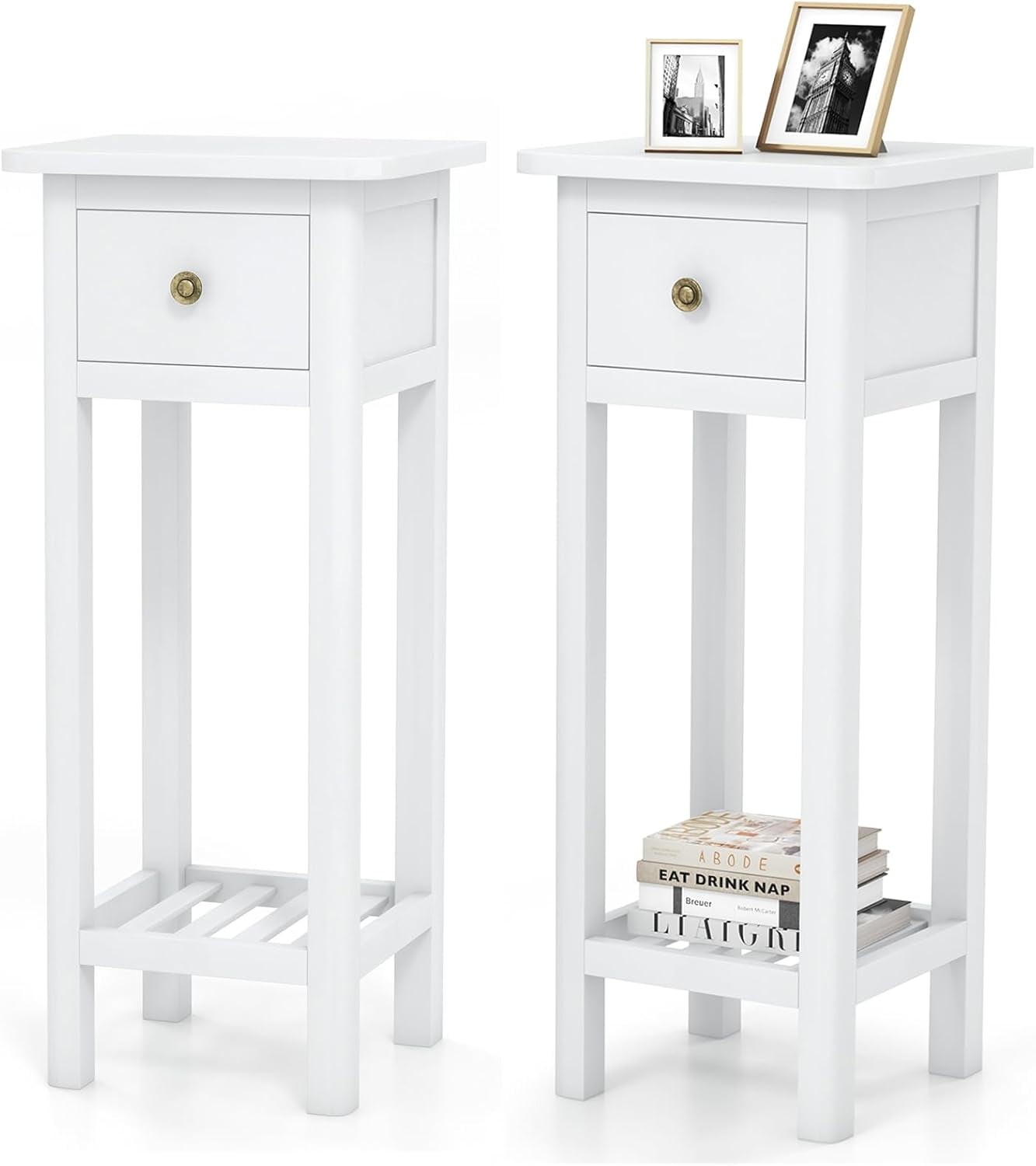 Narrow Side Table, Tall Nightstand with Drawer and Shelf, Small Bedside ...