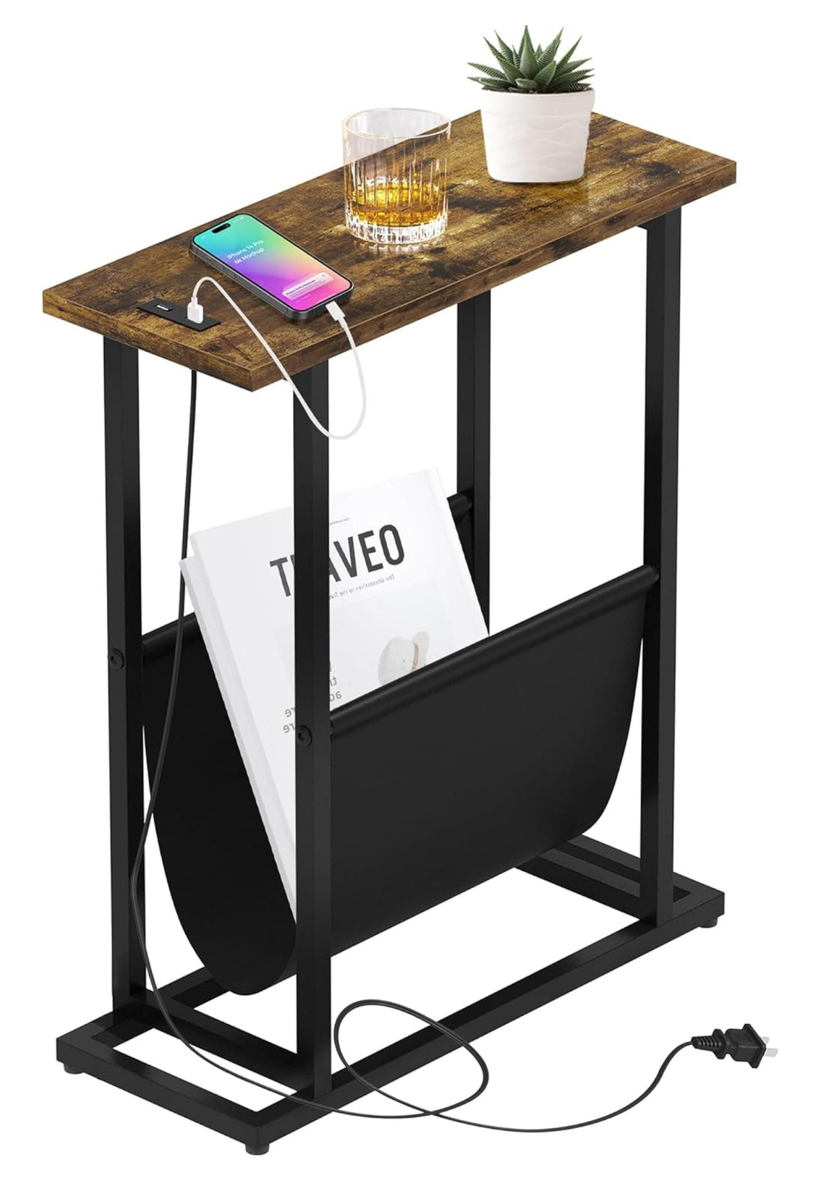 Narrow Side Table with USB - 21”Sofa End Table, Vintage Bedside Table ...