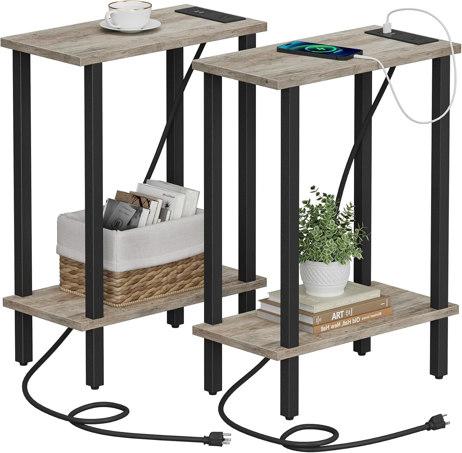 Narrow Side Table with USB Ports and Outlets, Small End Table with ...