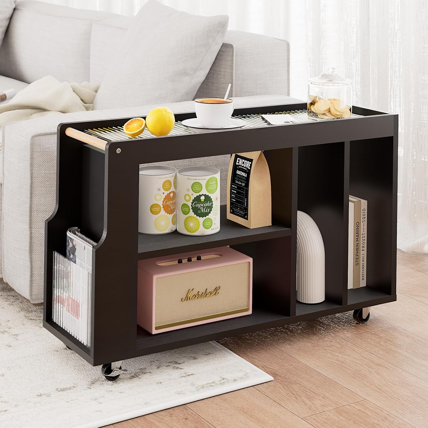 Narrow Side Table with Wheels for Small Spaces, Slim End Table with ...