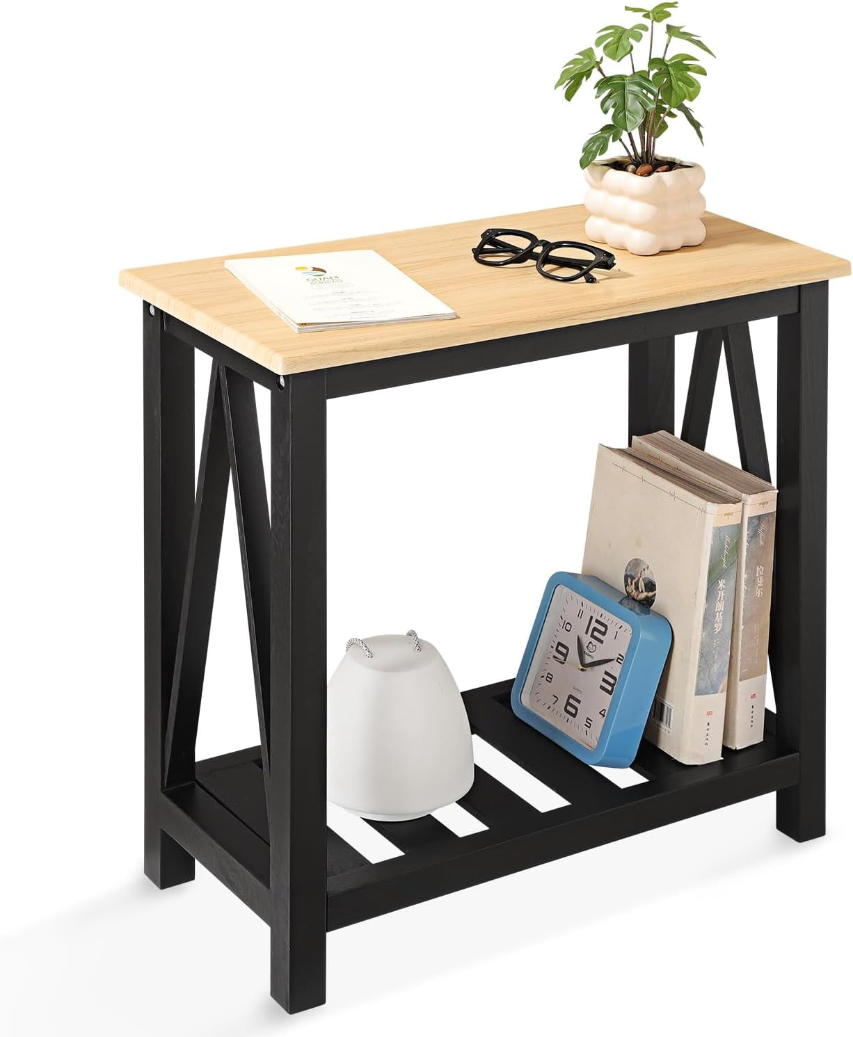 Narrow Side Table Wood Frame Narrow End Tables with Shelves Rectangular ...