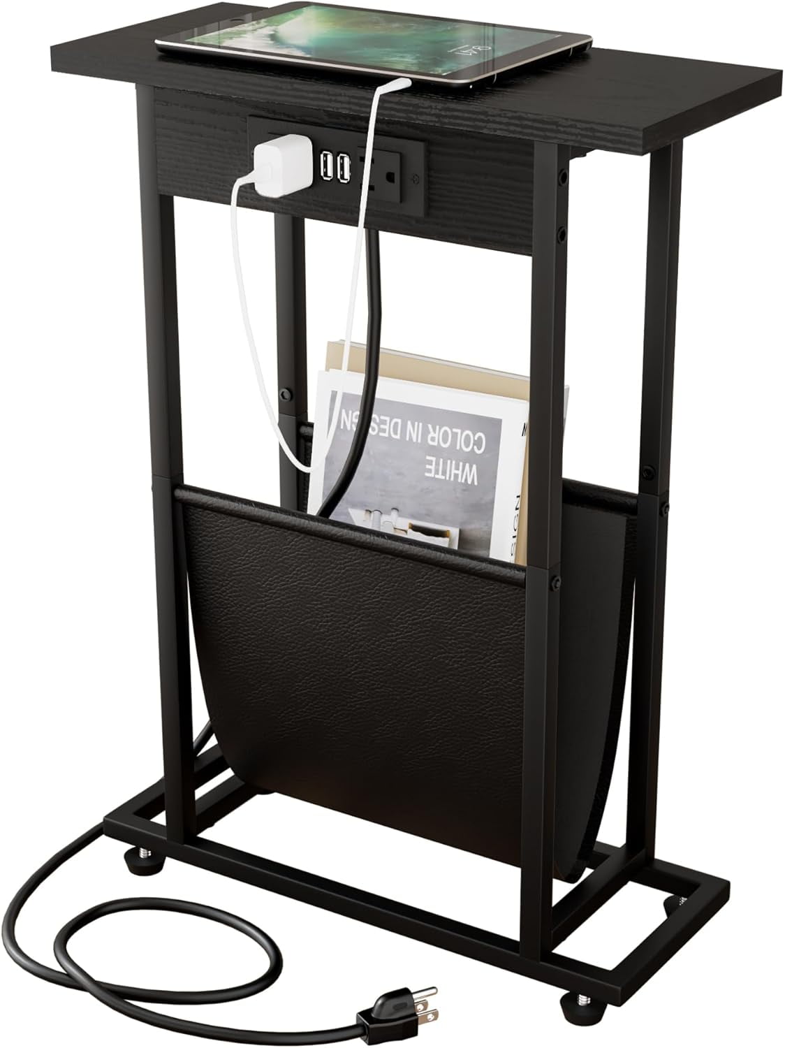 Narrow Side Table with Charge Station and PU Leather Magazine Holder ...