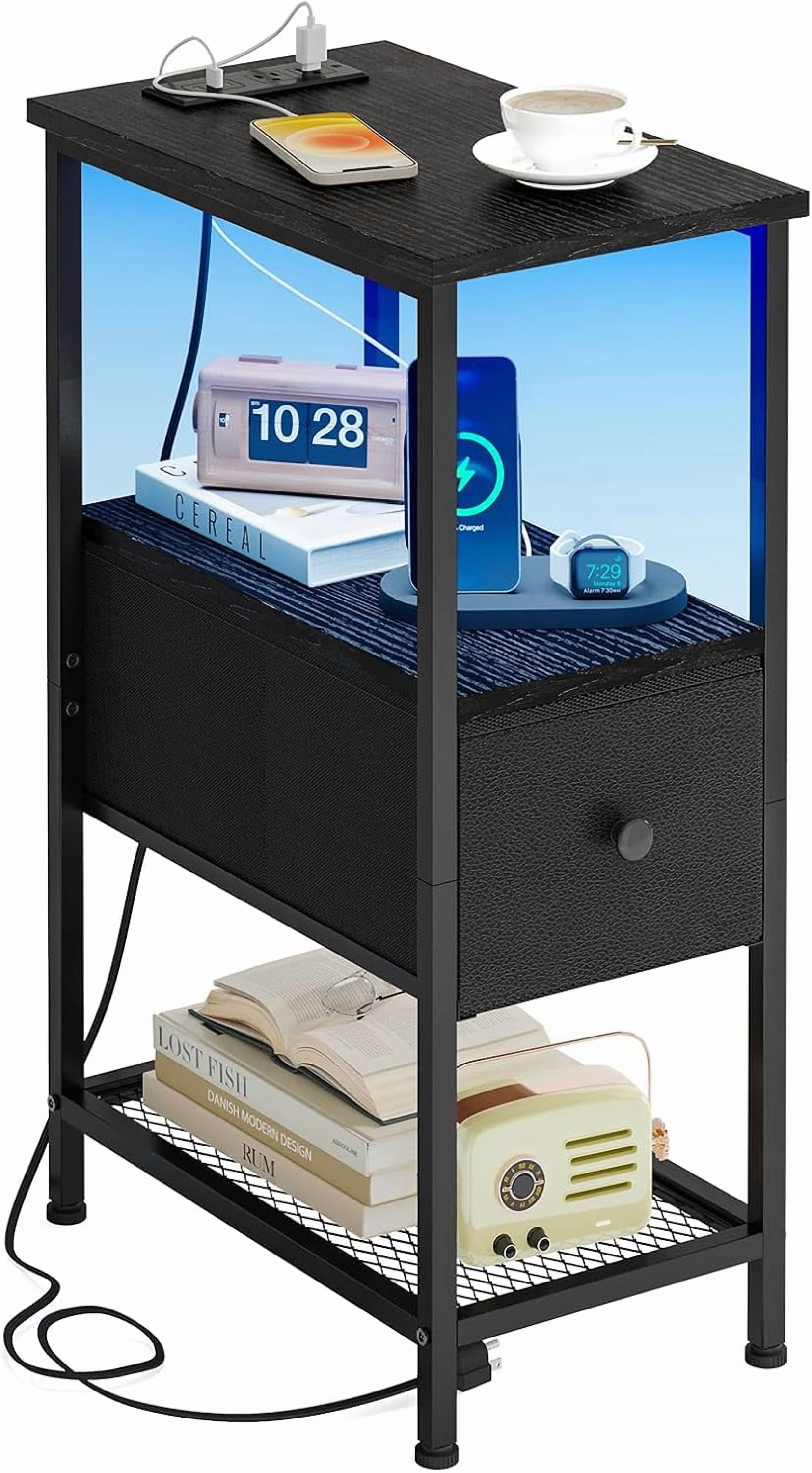 Narrow Side Table with Charging Station and LED Light, Skinny ...