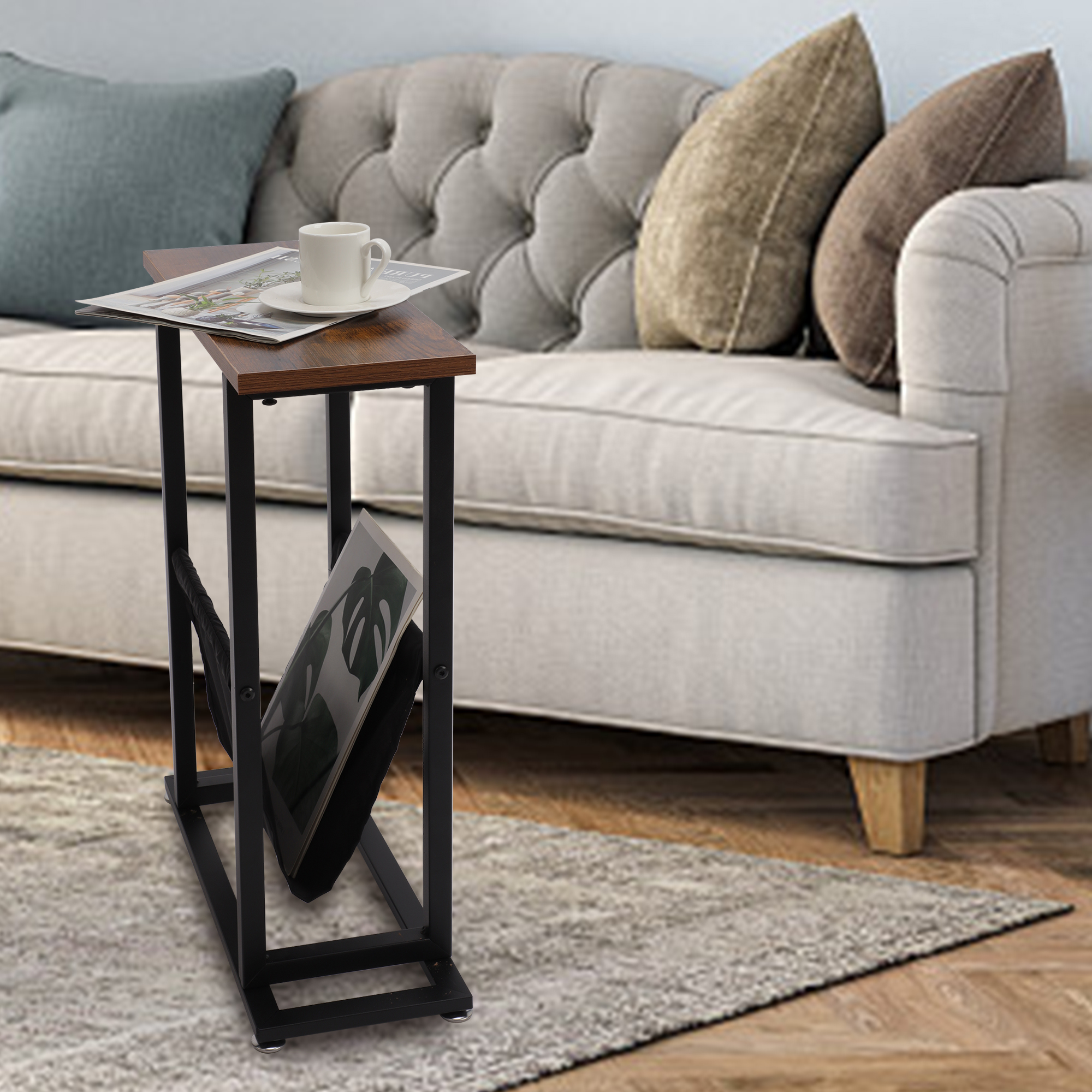 Narrow Side Table with PU Leather Magazine Holder Rustic Slim Little ...