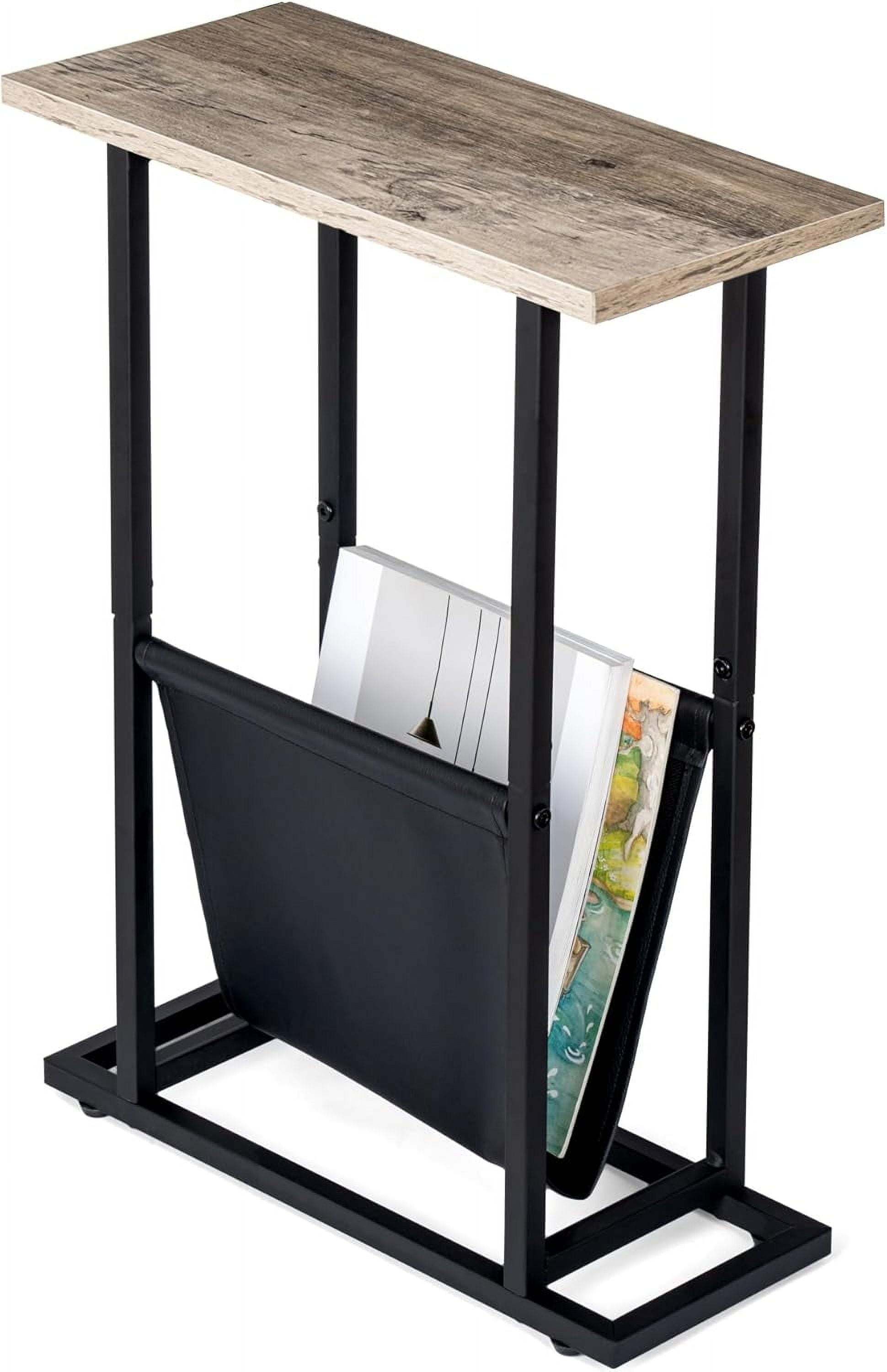 Narrow Side Table with PU Leather Magazine Holder Rustic Slim Little ...