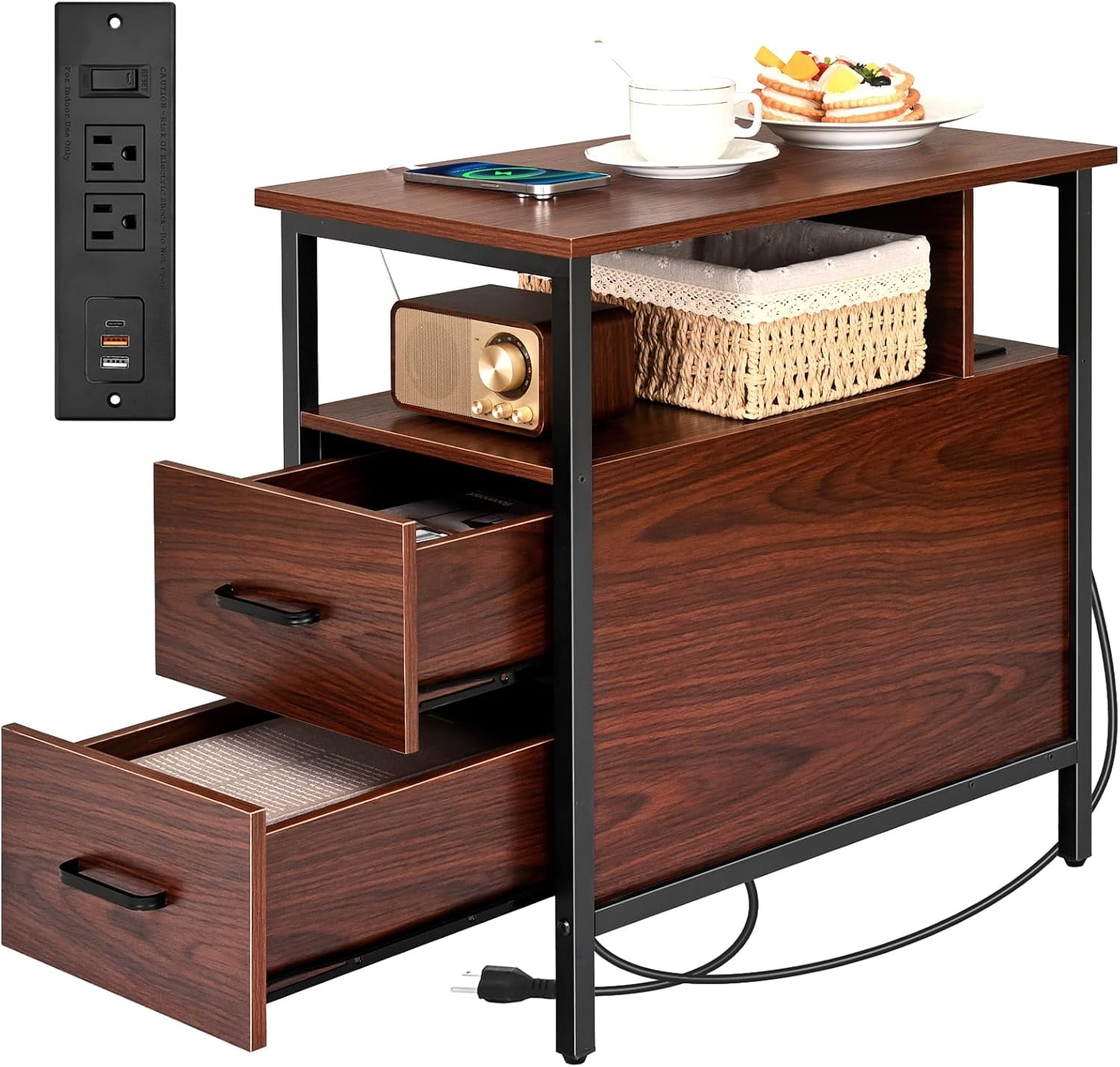 Narrow Side Tables with Charging Station, Narrow End Table with Wooden ...
