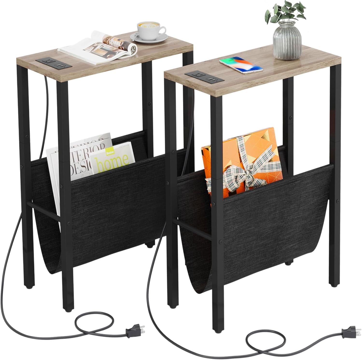 Narrow Side Tables with Charging Station, Set of 2, End Table with ...