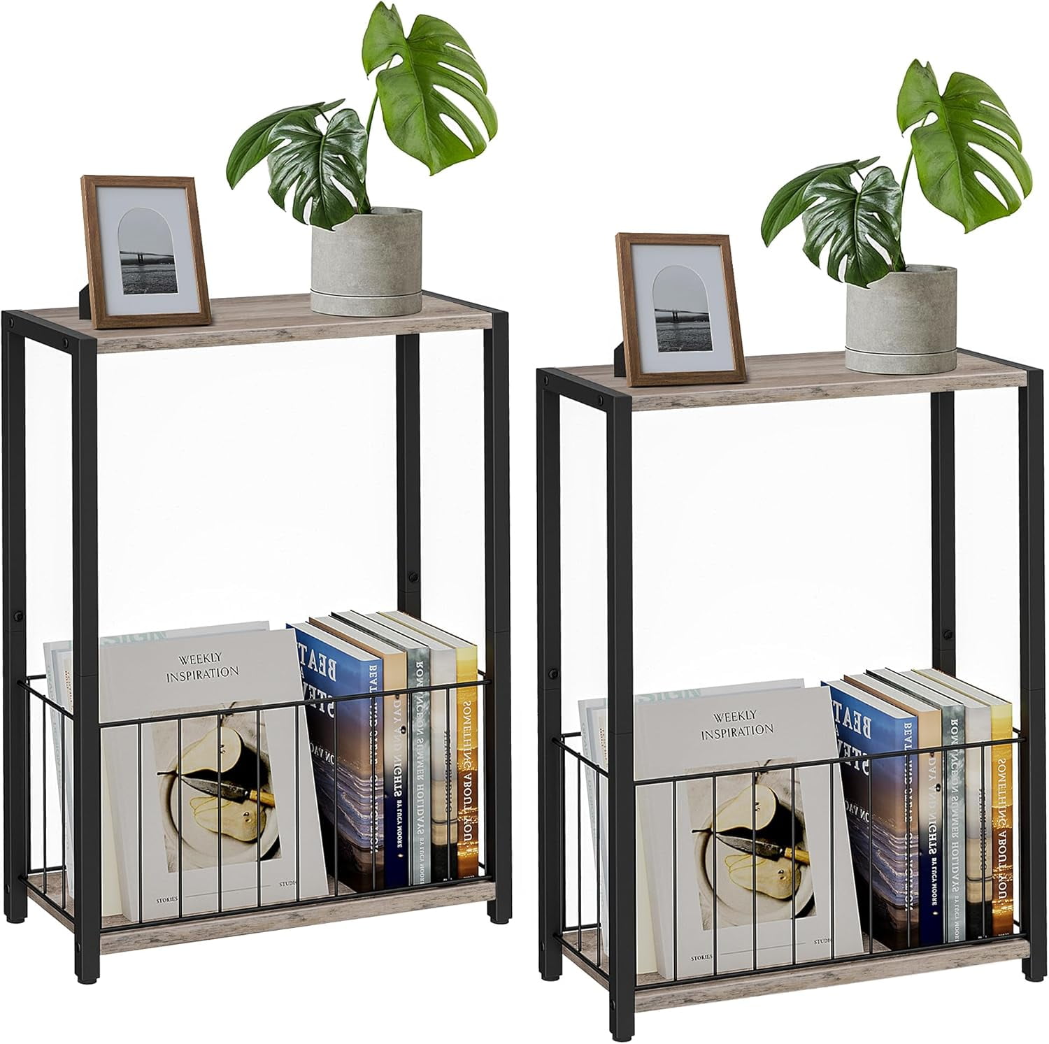 Narrow Side Tables Set of 2 with Magazine Holder, Skinny End Tables ...