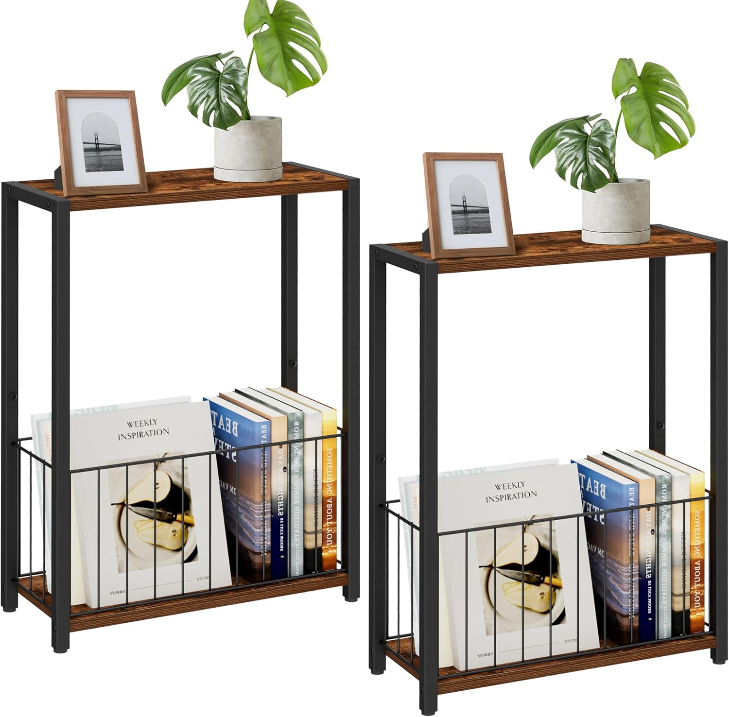 Narrow Side Tables Set of 2 with Magazine Holder, Skinny End Tables ...