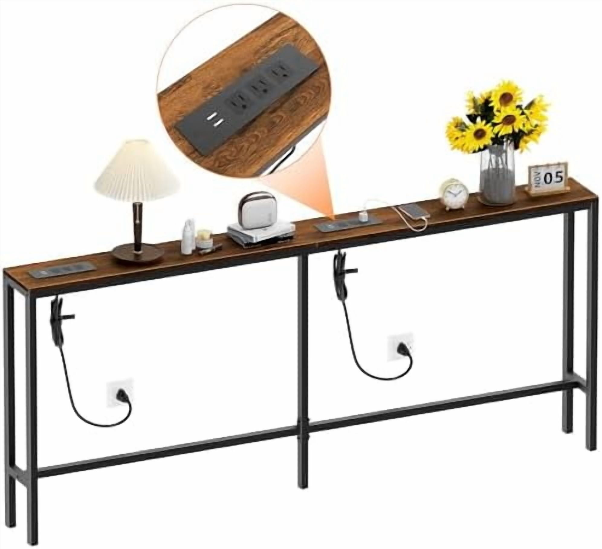 Narrow Sofa Table with 2 Power Outlets, 71” Thin Console Tables Narrow ...