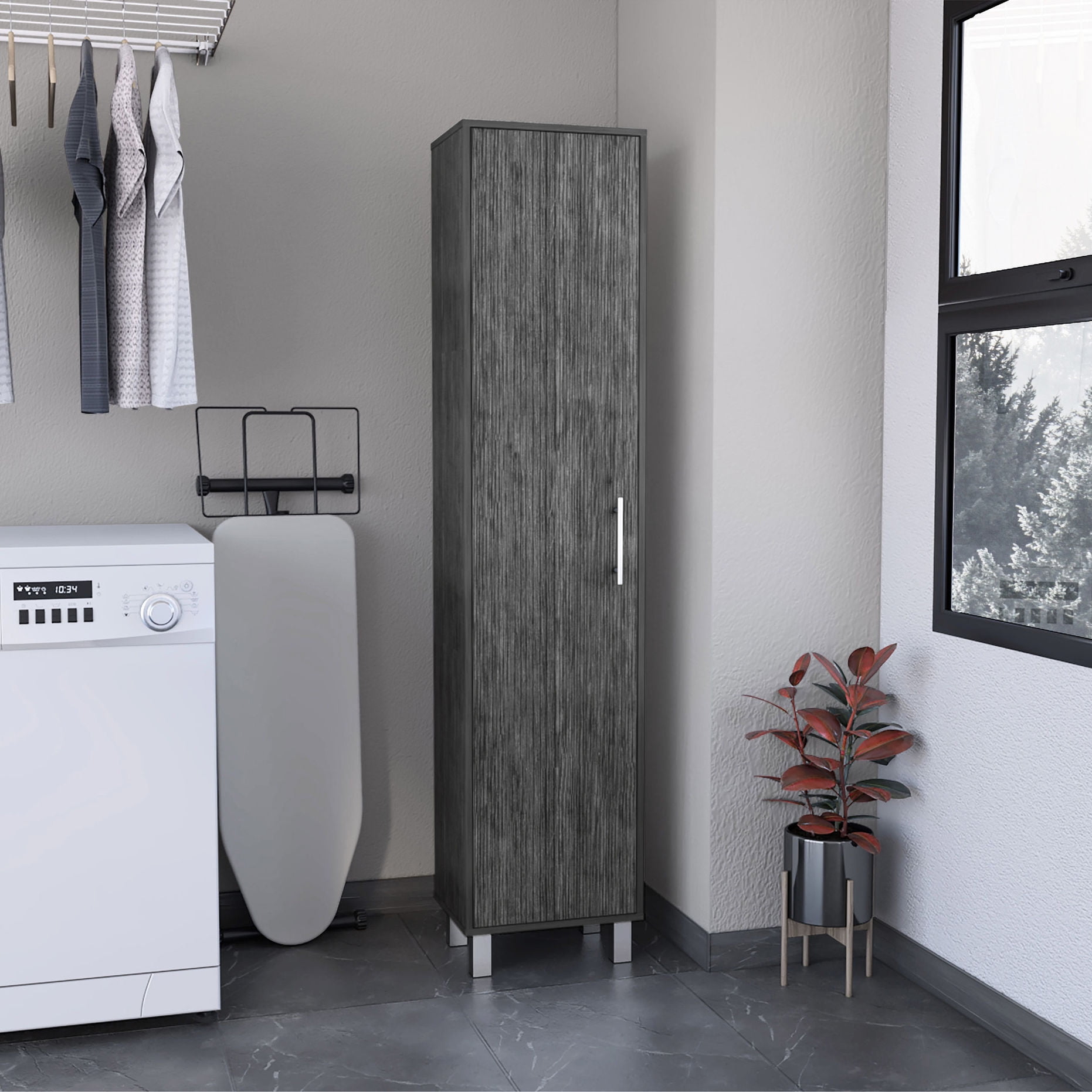 Narrow Storage Unit | 5 Shelves and Broom Hanging Function | Pine and ...