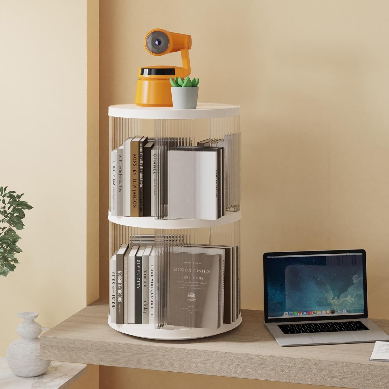 Narrow Swivel Corner Bookshelf, Small Rotating Bookshelf with 2 Tier ...