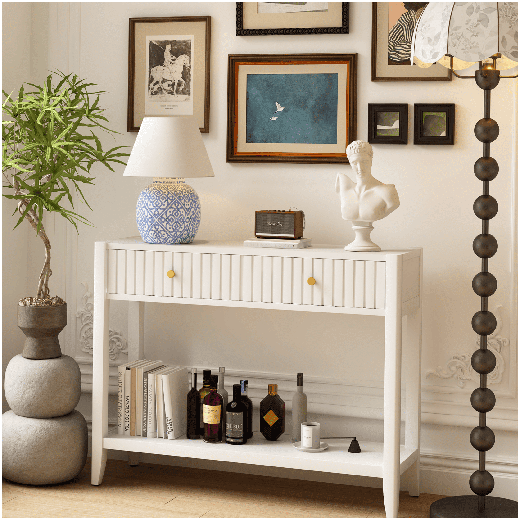 Narrow White MDF Console Table with Drawers and Storage Shelf for ...