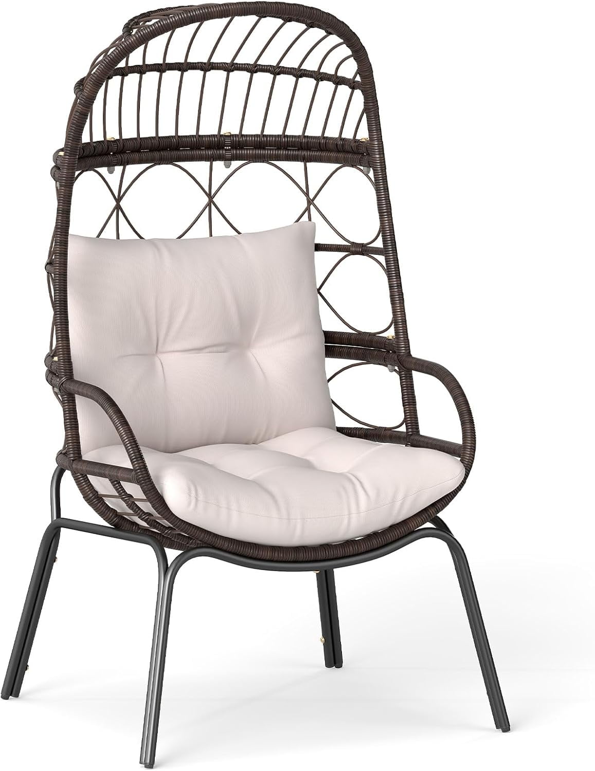 Narrow Wicker Egg Chair Outdoor, Patio Rattan Lounge Basket with Seat & Back Cushions, Metal ...