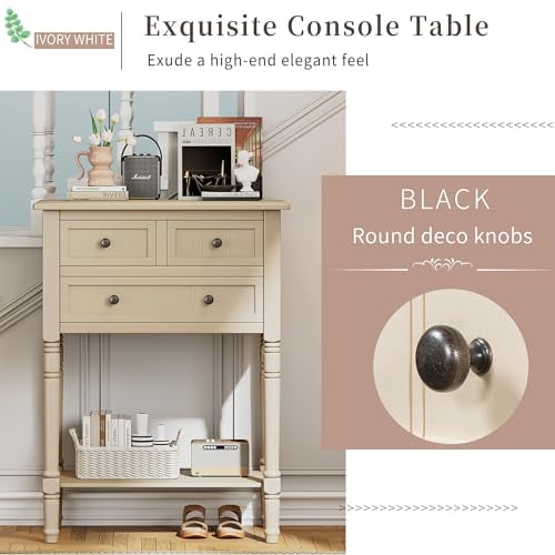 Narrow Wood Console Table, Slim Sofa Table with Three Storage Drawers ...