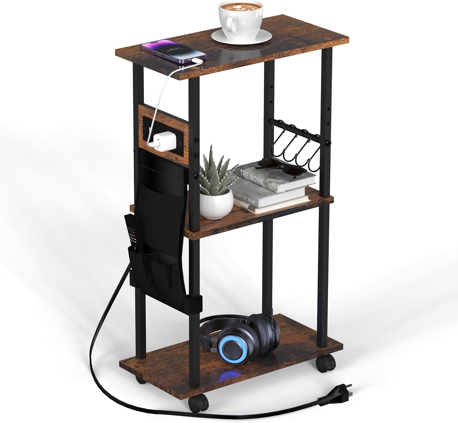 Narrow side table with charging dock, three-tier slim bedside table ...