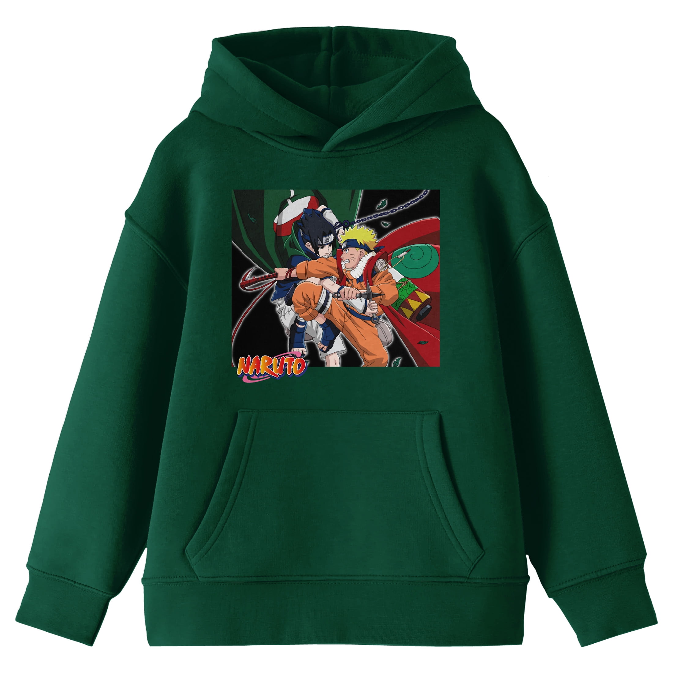 Naruto Sasuke & Naruto In Action Long Sleeve Youth Forest Green Hooded ...