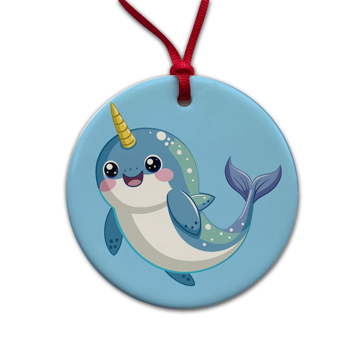 Narwhal Cute Chibi Christmas Tree Holiday Round Ceramic Ornament ...