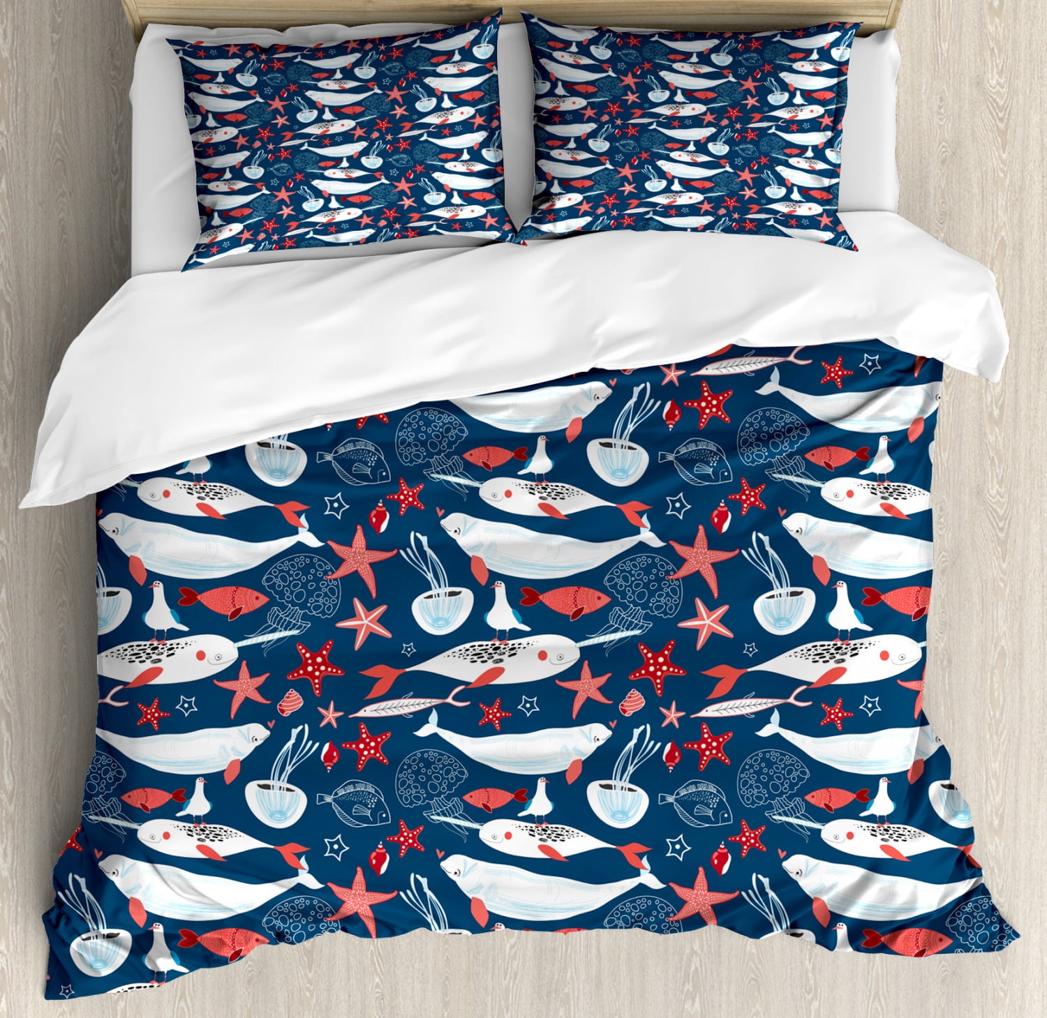 Narwhal Duvet Cover Set Queen Size, Arctic Ocean Fauna with School of ...