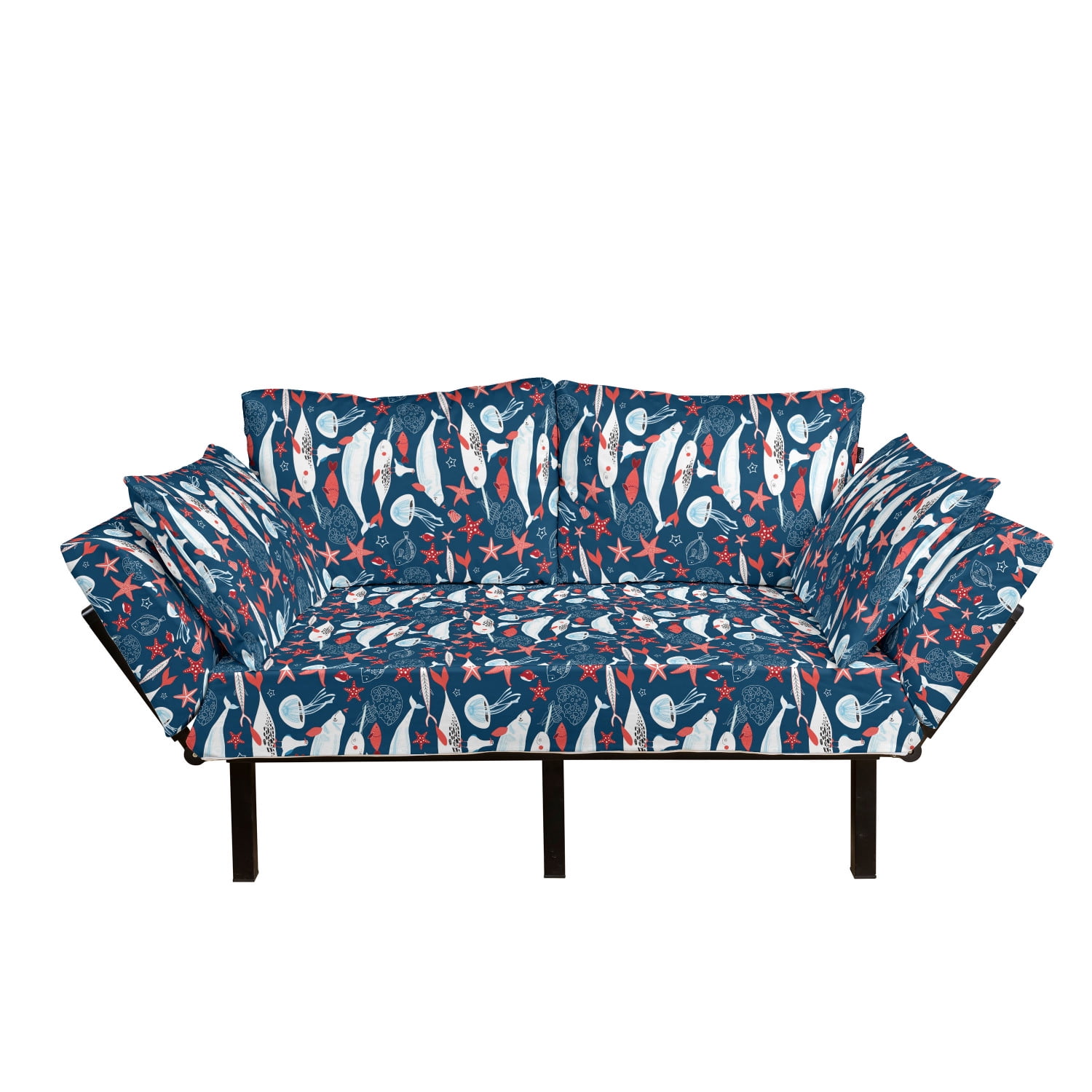 Narwhal Futon Couch, Arctic Ocean Fauna Fish and Jellyfish Sketch ...
