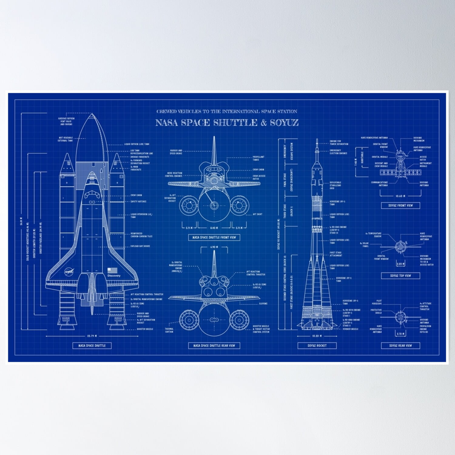 Nasa Space Shuttle And Soyuz (Blueprint) Poster Wall Art, Modern Wall ...