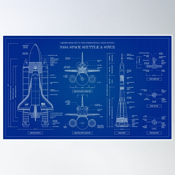 Nasa Space Shuttle And Soyuz (Blueprint) Poster Wall Art, Modern Wall ...