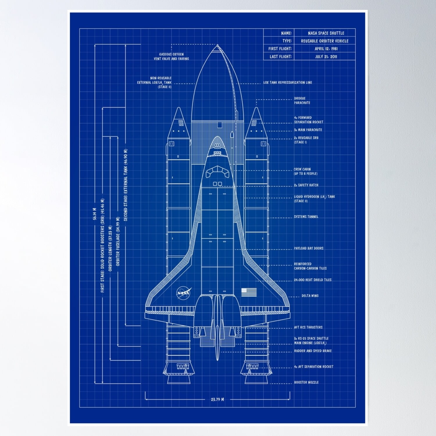 Nasa Space Shuttle Front Elevation (Vertical Blueprint) Poster Wall Art ...