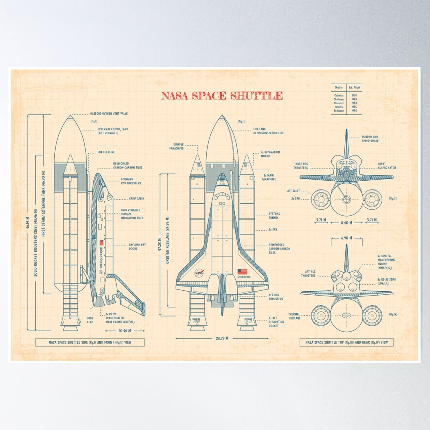 Nasa Space Shuttle (Old Paper) Poster Wall Art, Modern Wall Decor ...