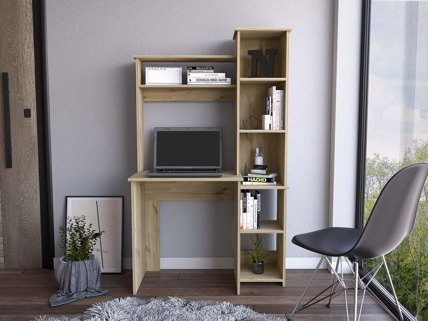 Nashville Beige Computer Desk - 6 Shelf Office Workstation, 17.8"x38.7 ...
