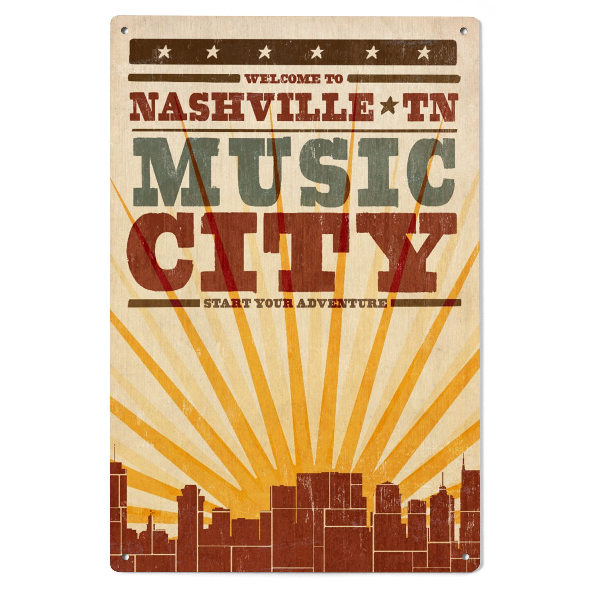 Nashville, Tennessee, Skyline and Sunburst Screenprint Style Birch Wood ...