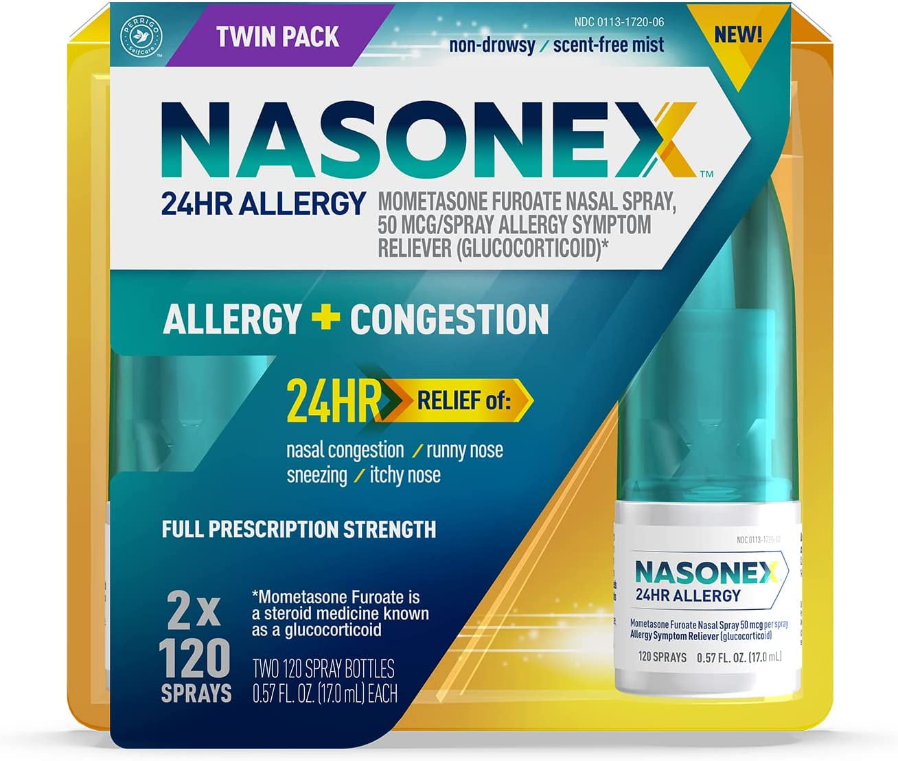 Nasonex 24HR Allergy Nasal Spray, Allergy + Congestion, Non-Drowsy ...
