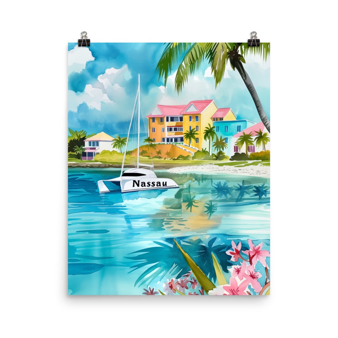 Nassau Bahamas Print, Caribbean Catamaran Art, Tropical Island Coastal ...