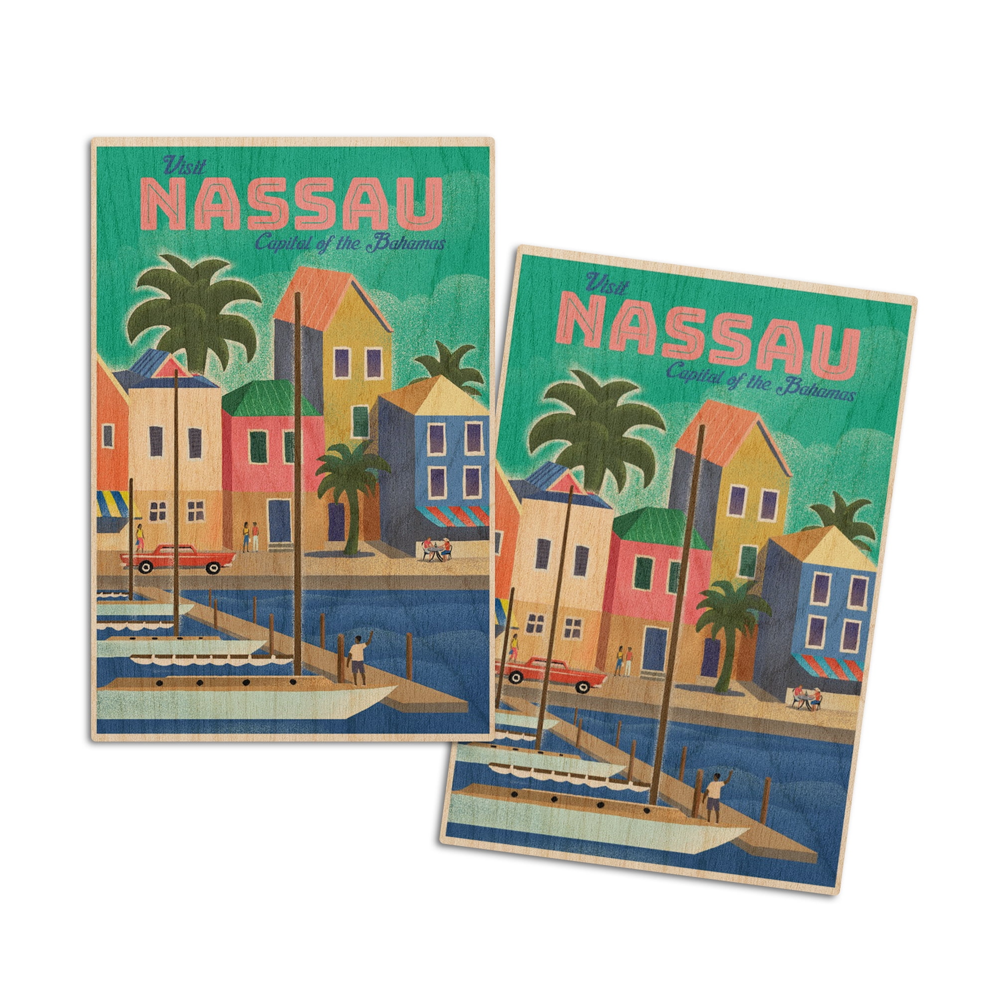 Nassau, Bahamas, Waterside Dock, Lithograph (4x6 Birch Wood Postcards ...