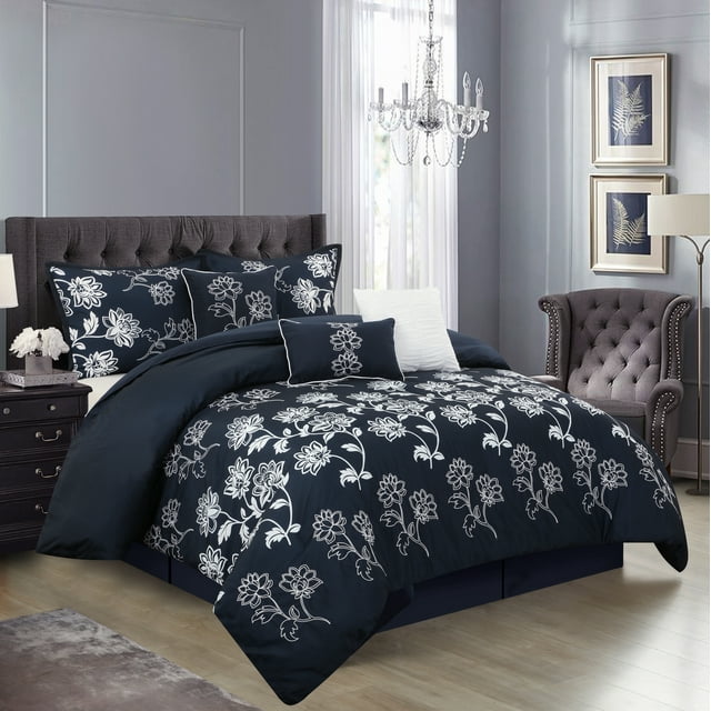Nastia 7 Piece Floral Embroidery Comforter Set in Navy by Nanshing ...