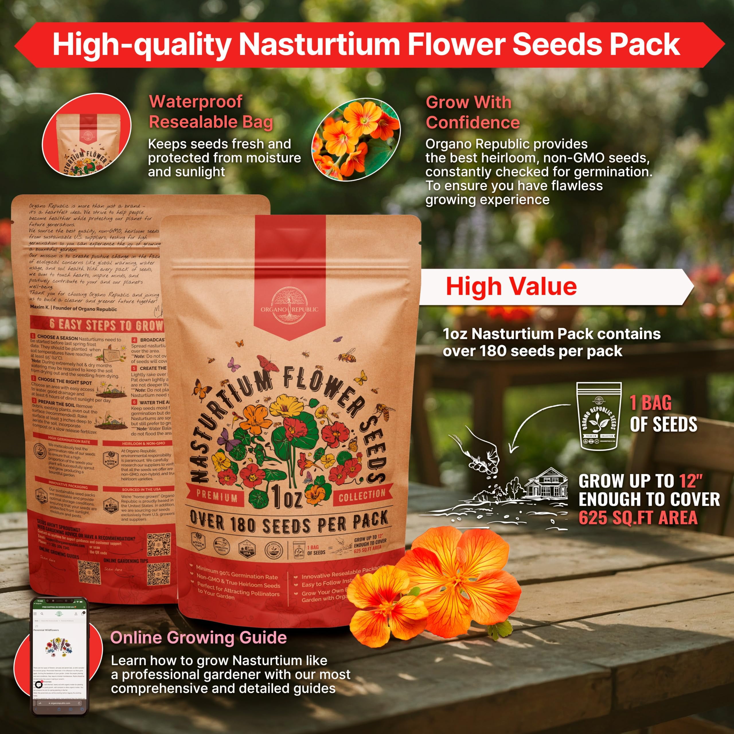 Nasturtium Seeds Pack 1 oz - Non-GMO H2FSDHeirloom Flower Seeds for Planting, Edible Flowers in ...