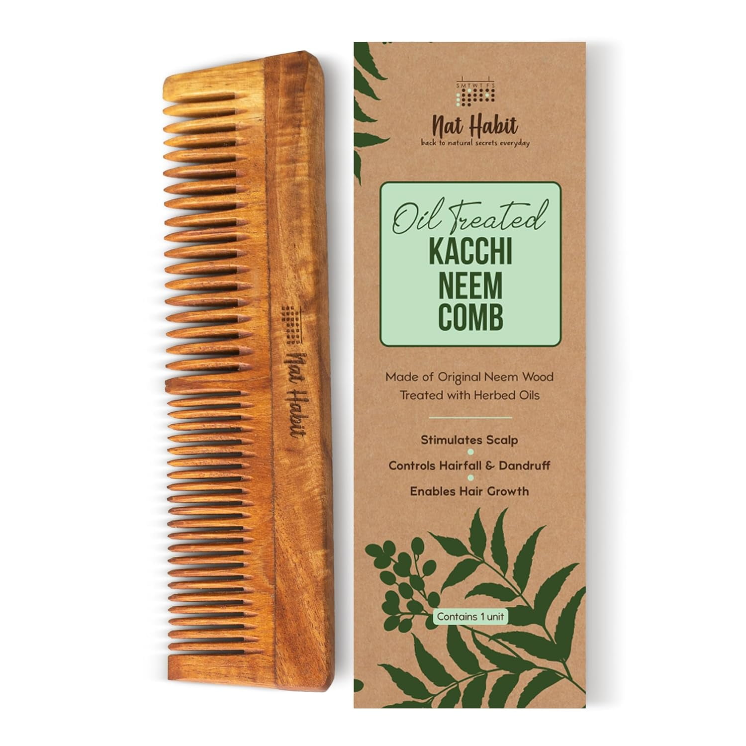 Nat Habit Kacchi Neem Wooden Comb - Soaked In 13 Herbs, Neem & Sesame Oil For Multi-Actions ...