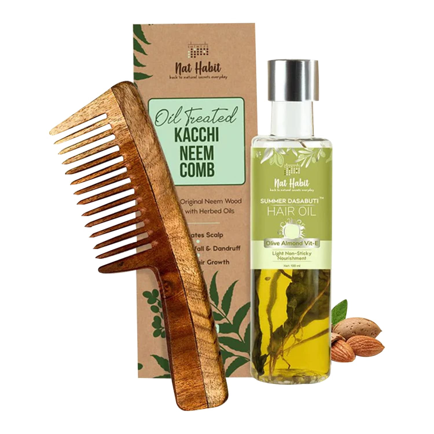 Nat Habit Wide Tooth Wooden Kacchi Neem Comb & Olive Almond Dasabuti ...