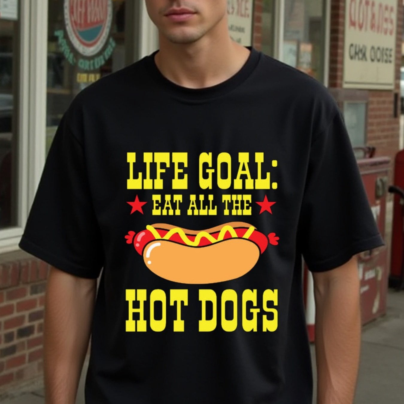 Natee Men's Funny Hot Dog Graphic T-Shirt - "Life Goal: Eat All Hot ...