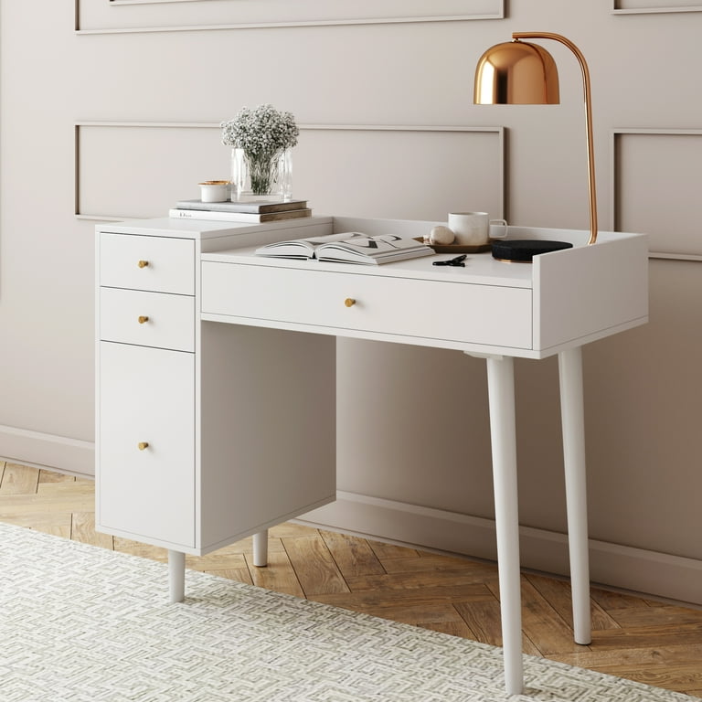 Nathan James Daisy White Gold Makeup Desk Vanity Table with 4 Drawers and Brass Knobs