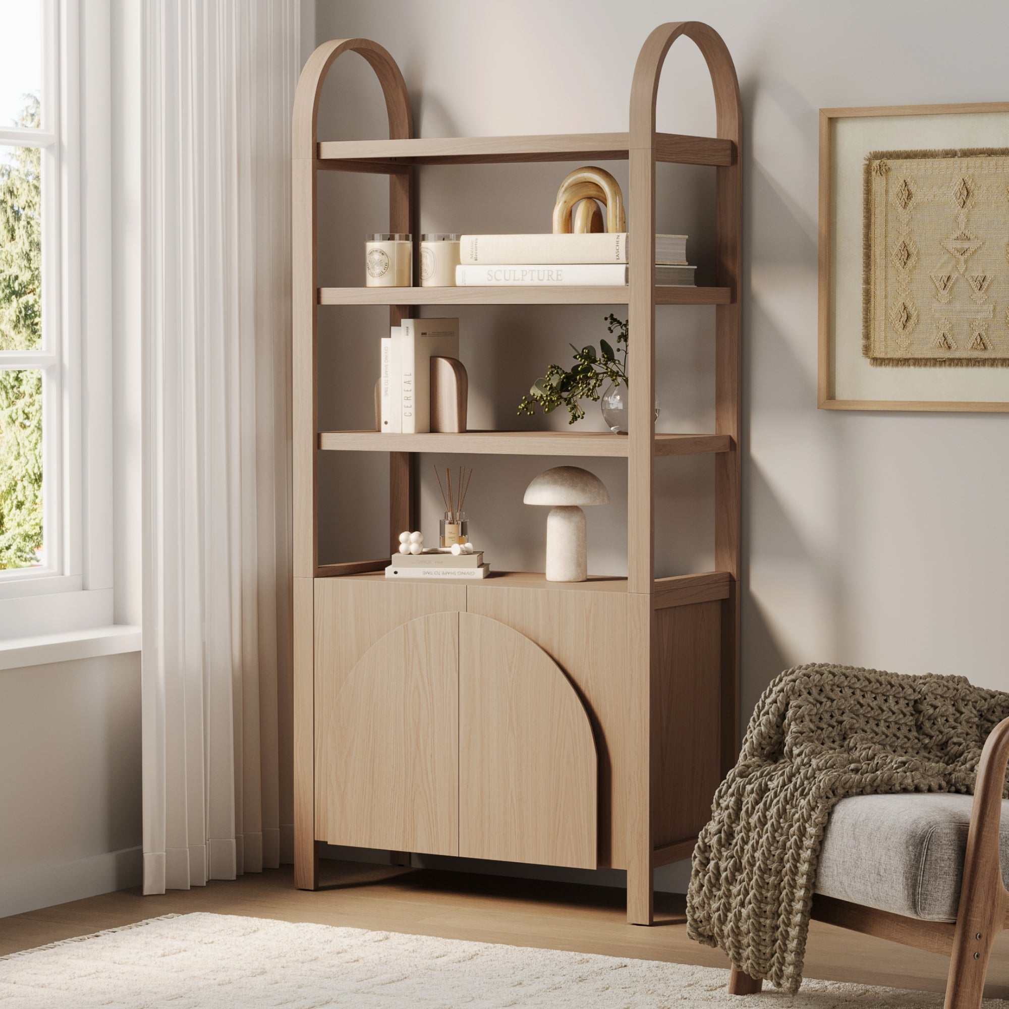 Nathan James Iris 3 Tier Bookshelf, Arched Bookcase Cabinet, Solid Wood Bookcase with Cabinet ...