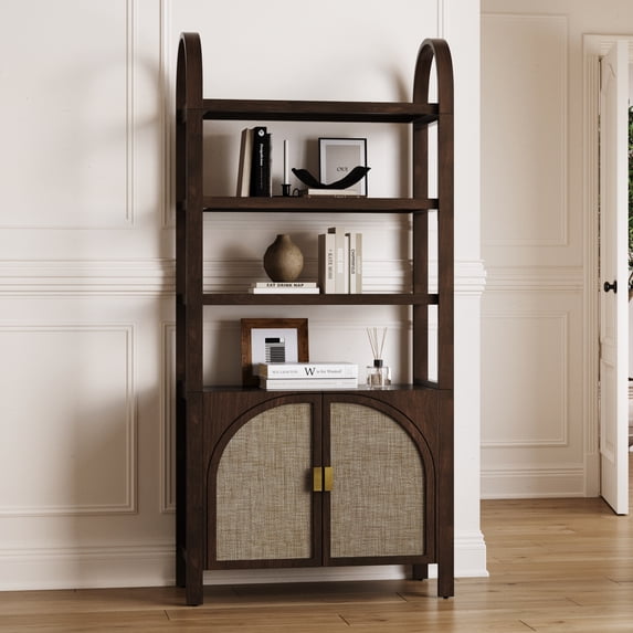 Nathan James Paxton Boho Bookshelf Cabinet with Solid Wood Frame Rattan ...