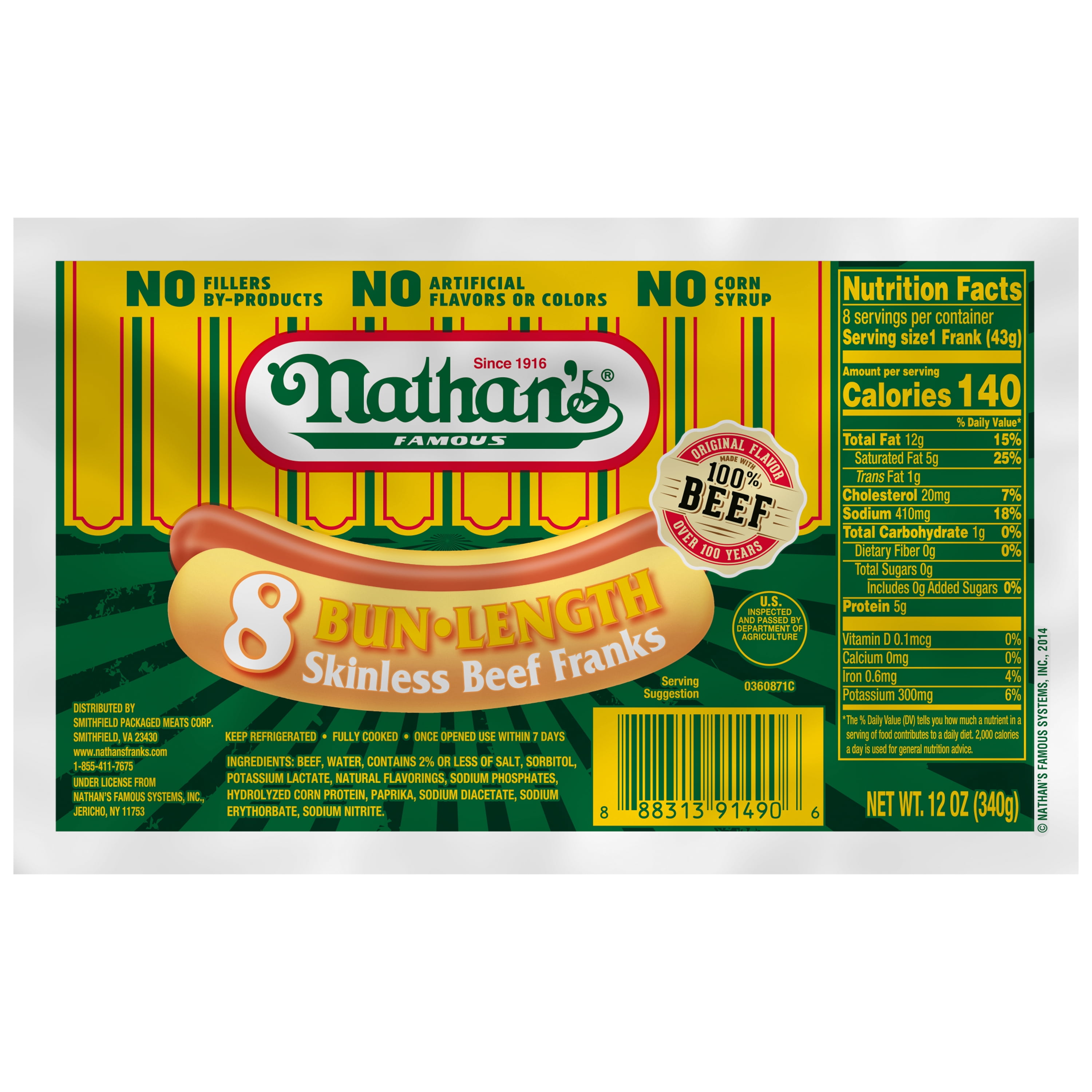 Nathan's Famous Bun Length Skinless Beef Franks, 12 oz - Walmart.com