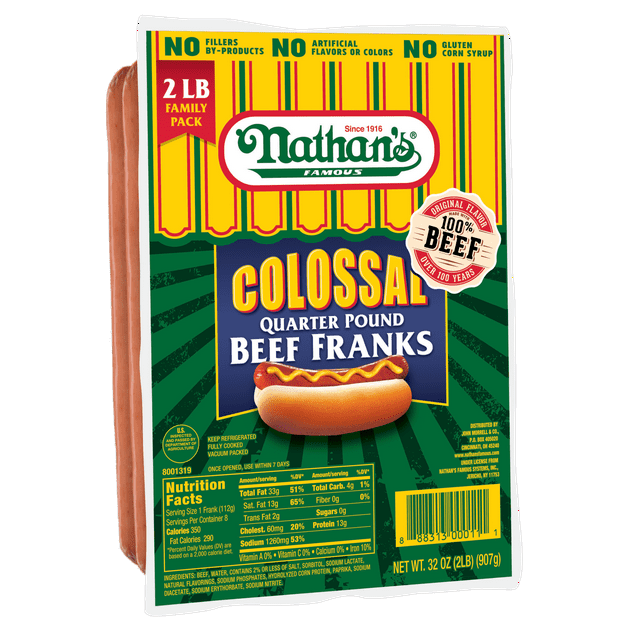 Nathan's Famous Colossal Quarter Pound Beef Franks, 32 oz - Walmart.com