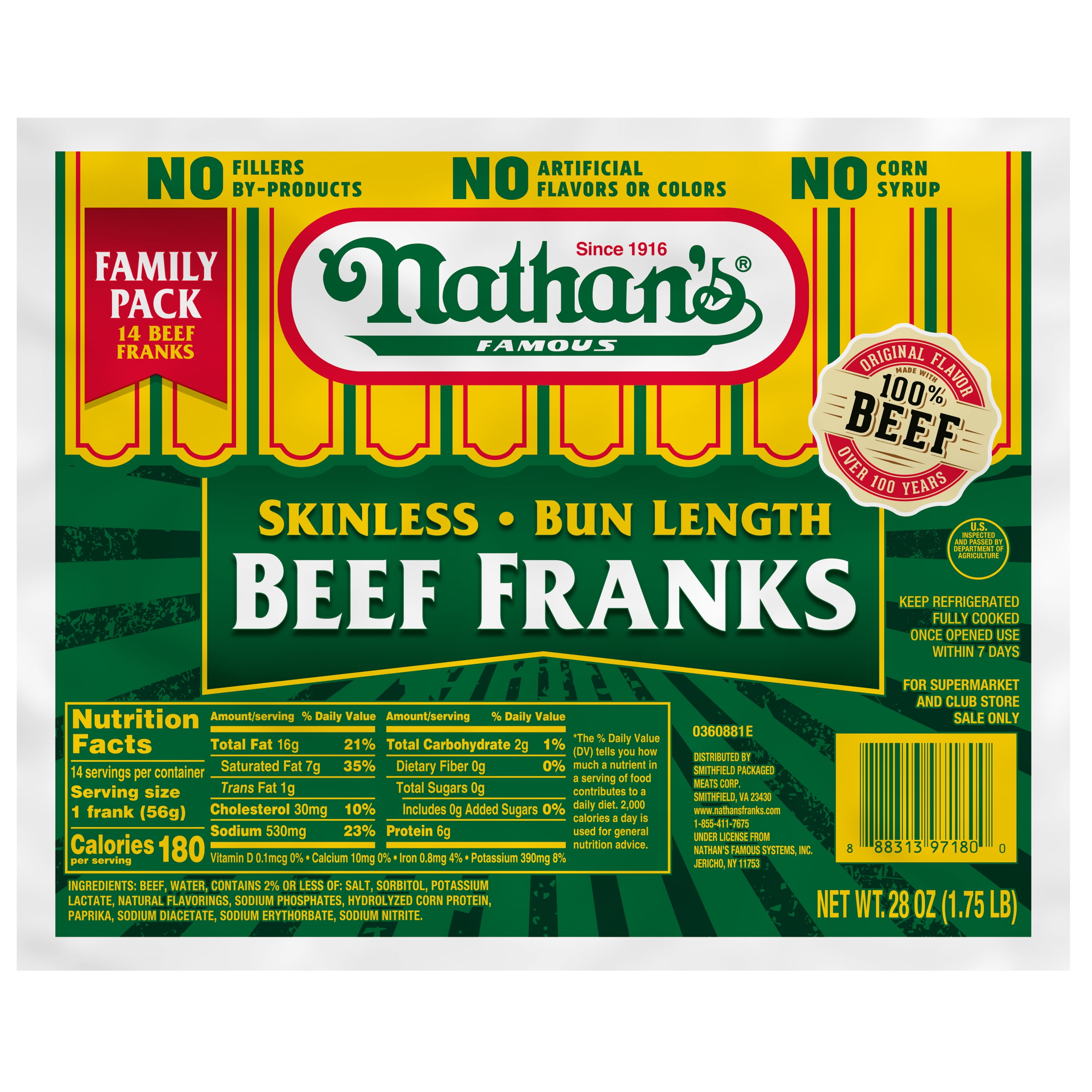 Nathan's Famous, Skinless Beef Franks, Bun Length, 28 oz - Walmart.com