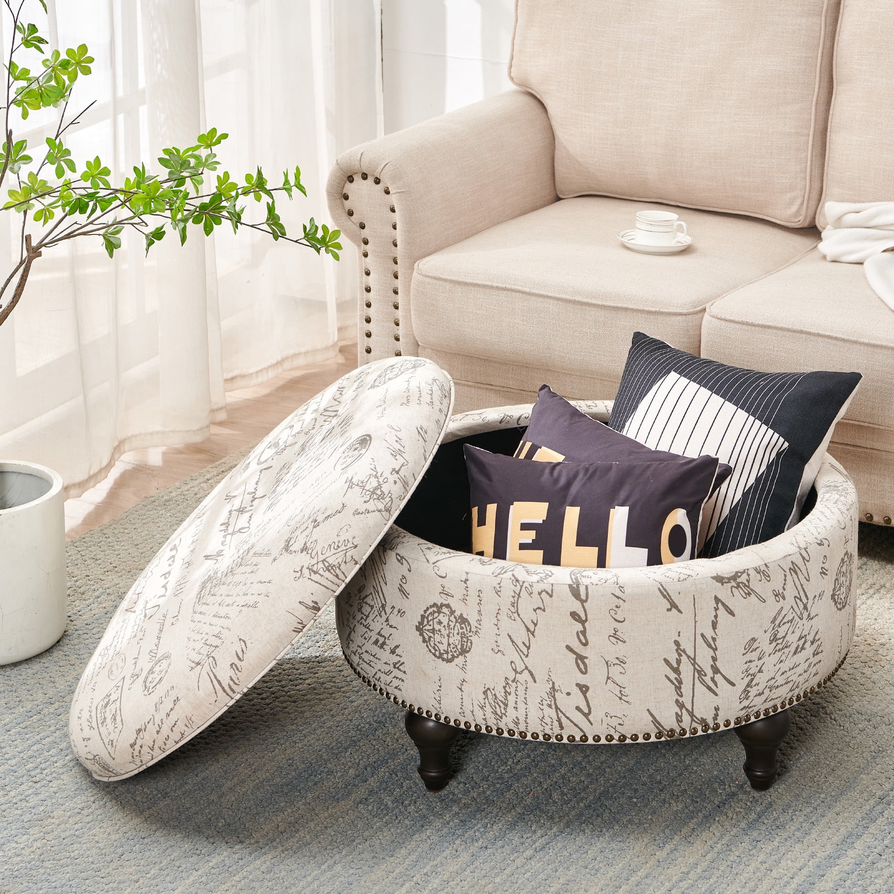 Nathaniel Home, 30" Round Storage Ottoman Footstool with Removable Lid ...
