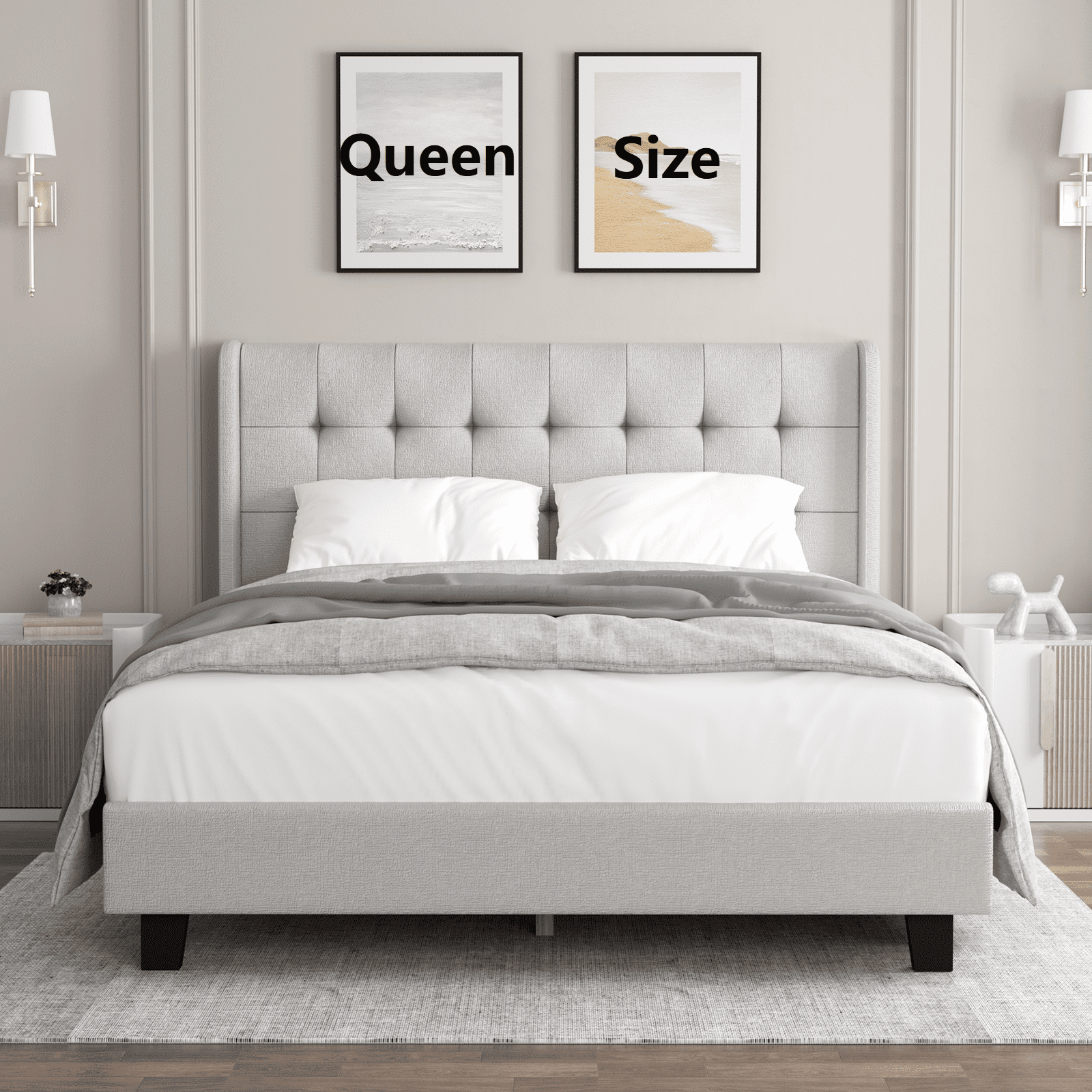 Nathaniel Home Cotton Linen Queen Bed Frame - Upholstered Platform Bed ...