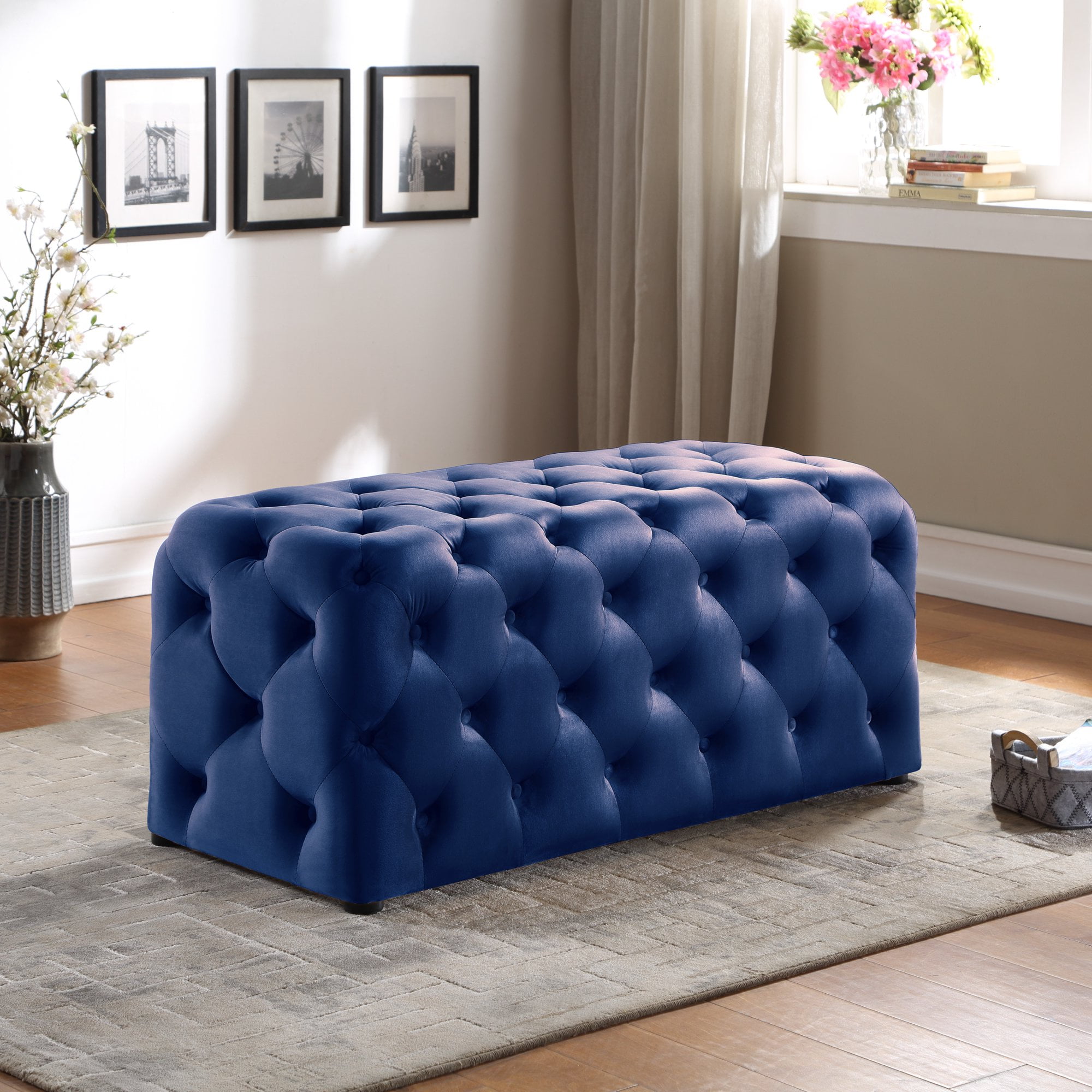 Nathaniel Home Deep Button Tufted Microfiber Ottoman, Upholstered ...