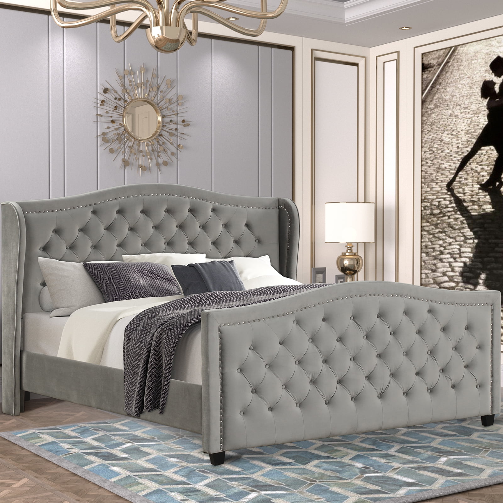 Nathaniel Home Jennifer King Beds, Velvet Upholstered Tufted Bed, Platform Bed Frame with ...