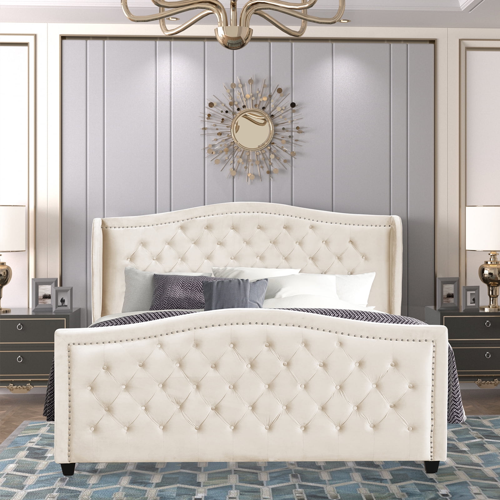Nathaniel Home Jennifer Velvet Upholstered Tufted Queen Bed with ...