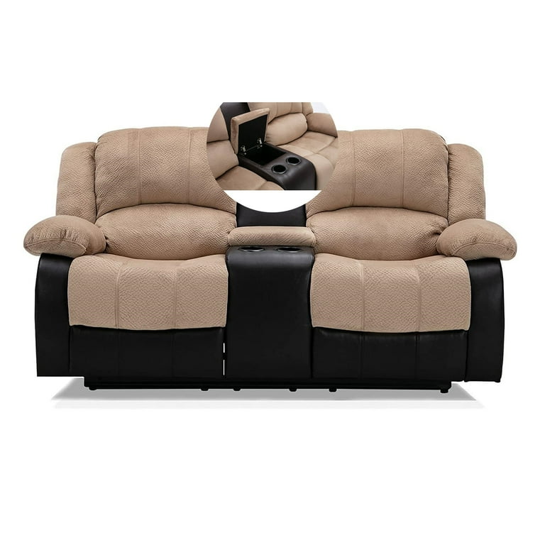 Nathaniel Home Motion Loveseat 2 Reclining Seats Upholstered 2 Seat Couch Tufted Recliner with Console Plush Scoop Seating for Living Room Beige